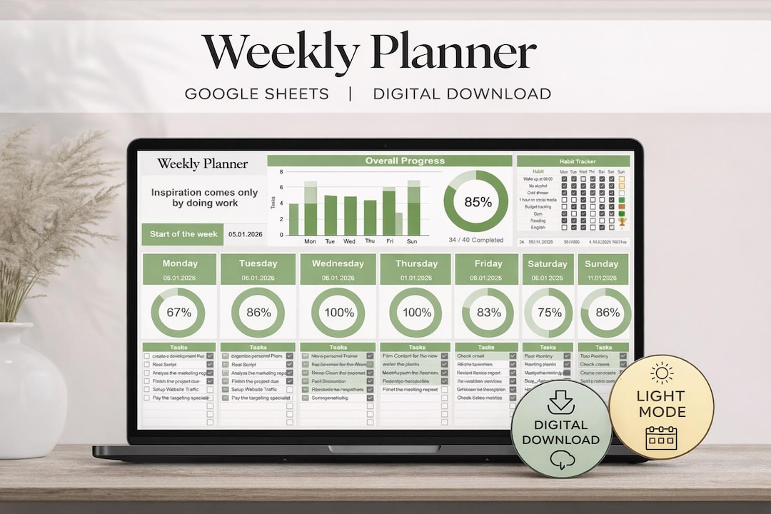 Weekly Planner Google Sheets, Habit Tracker, Progress Dashboard ...