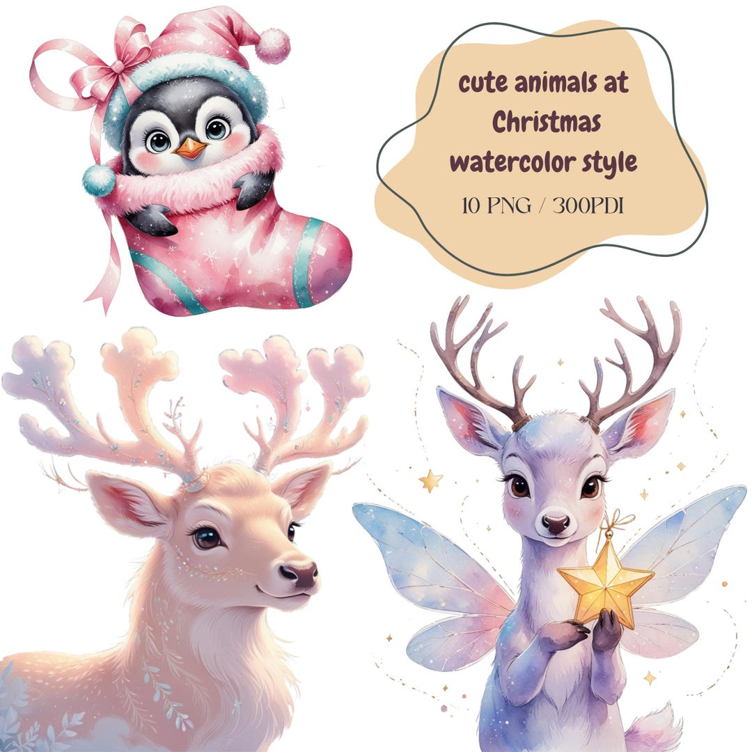 Watercolor Christmas Animals Clipart PNG | 10 Digital Christmas Images ...