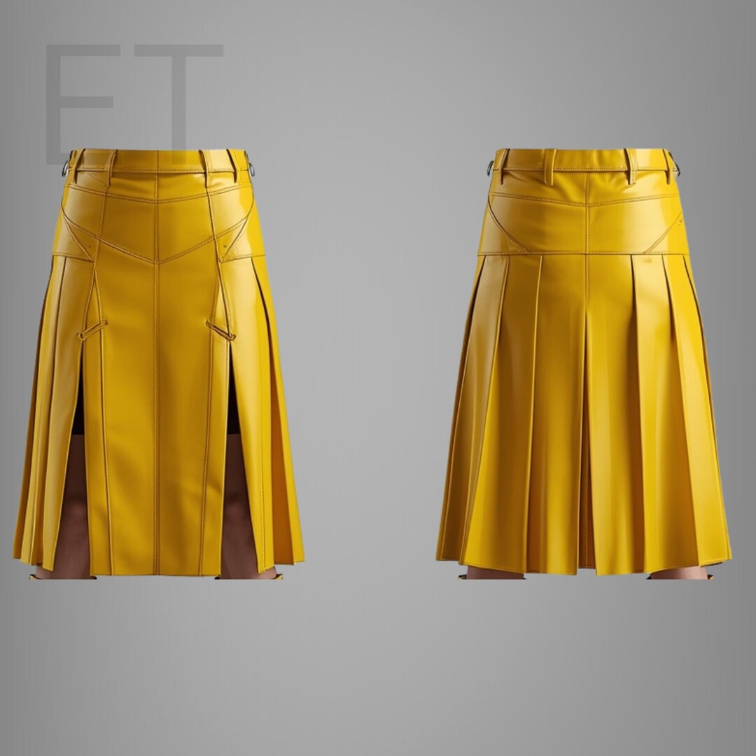 Handmade Yellow Leather Pleated Kilt for Men | Gothic Punk Utility ...