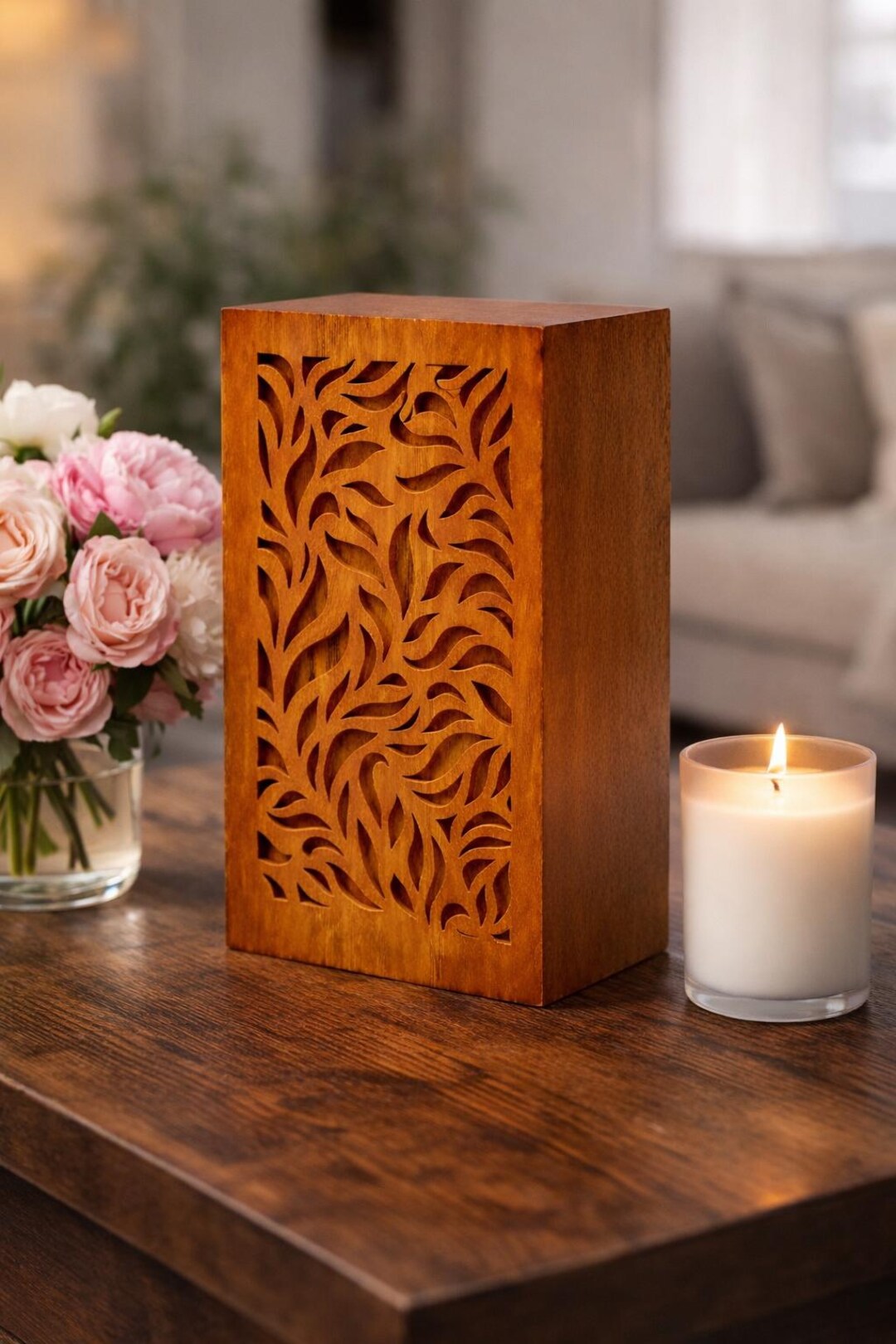 Handcrafted Wooden Cremation Urn Box With Floral Carving | Memorial ...