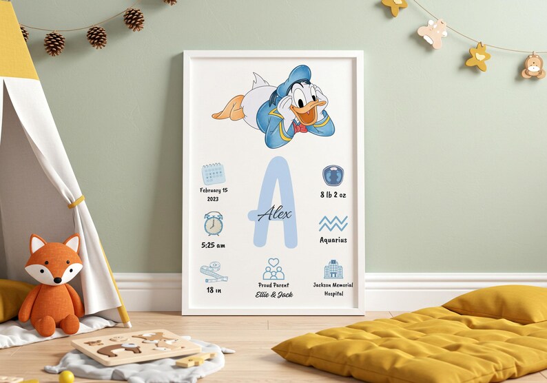 Personalized Donald Duck Baby Birth Stats Print, Custom Daisy Duck ...