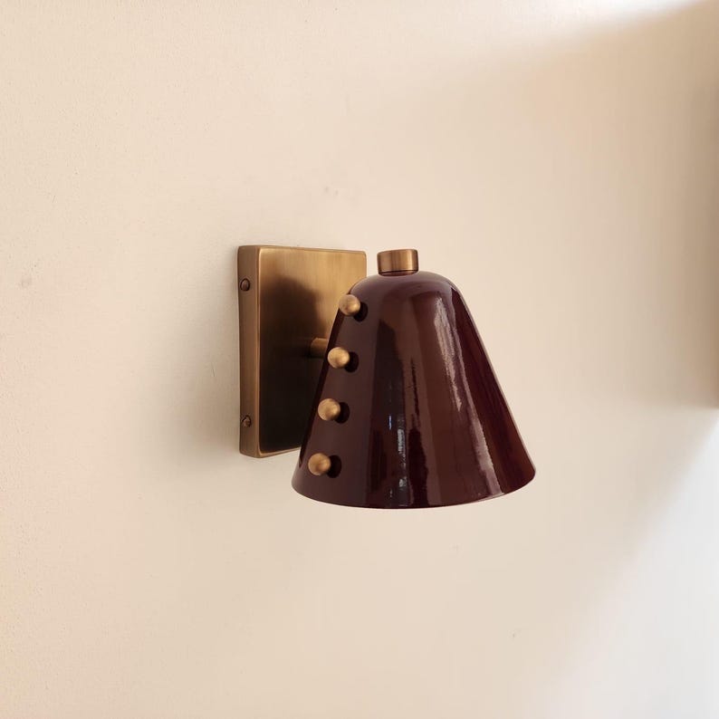 Mid-century Brass Wall Sconce, Bold Cone Design Burgundy Shade With ...