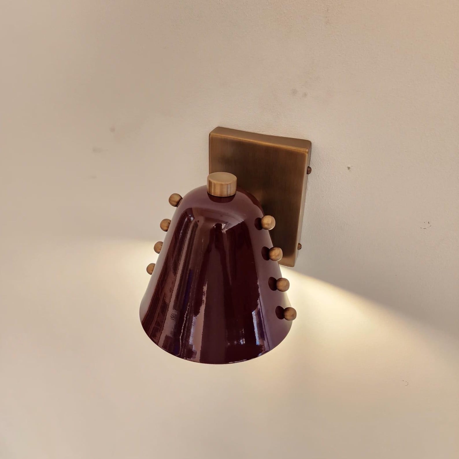 Mid-century Brass Wall Sconce, Bold Cone Design Burgundy Shade With ...