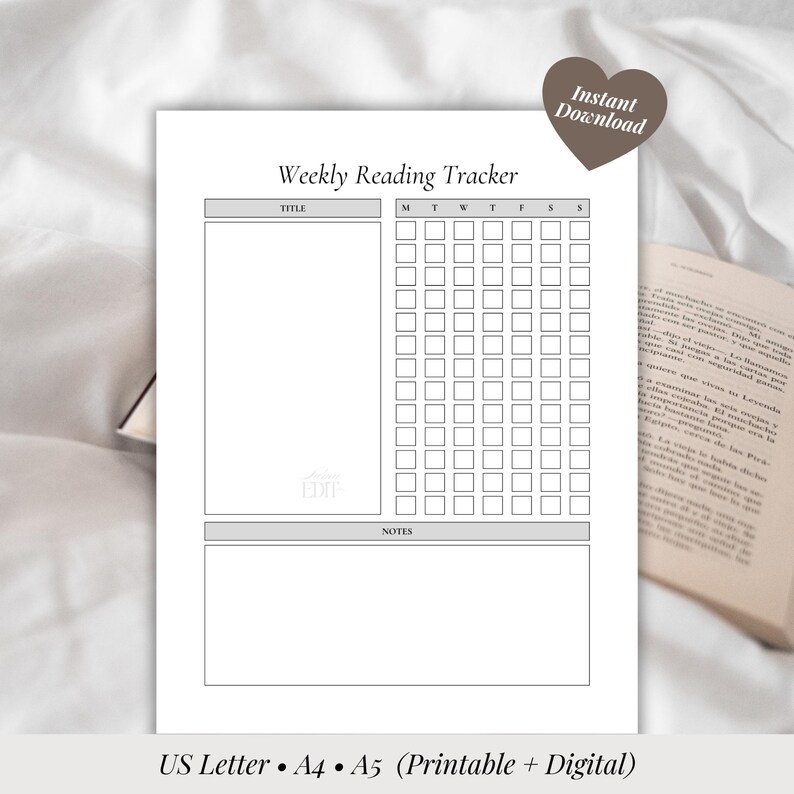 Minimalist Weekly Reading Tracker, Book Log (US Letter, A4, A5 Digital ...