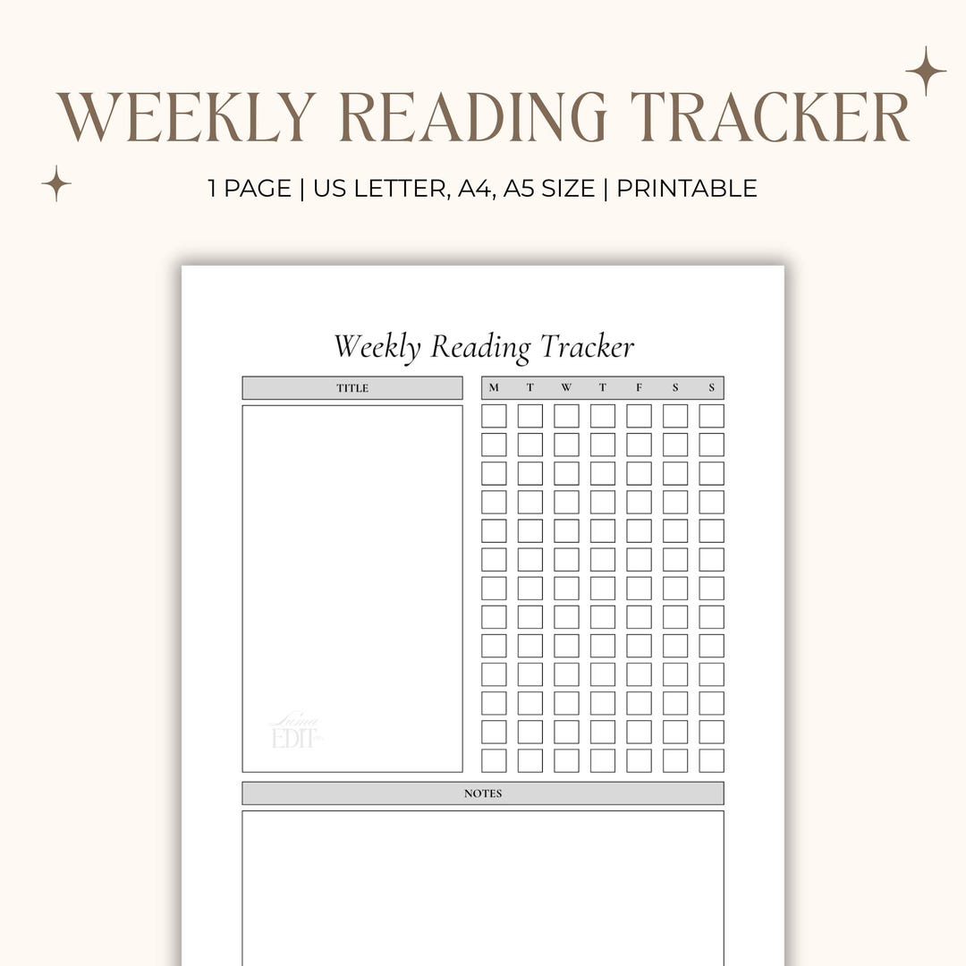 Minimalist Weekly Reading Tracker, Book Log (US Letter, A4, A5 Digital ...