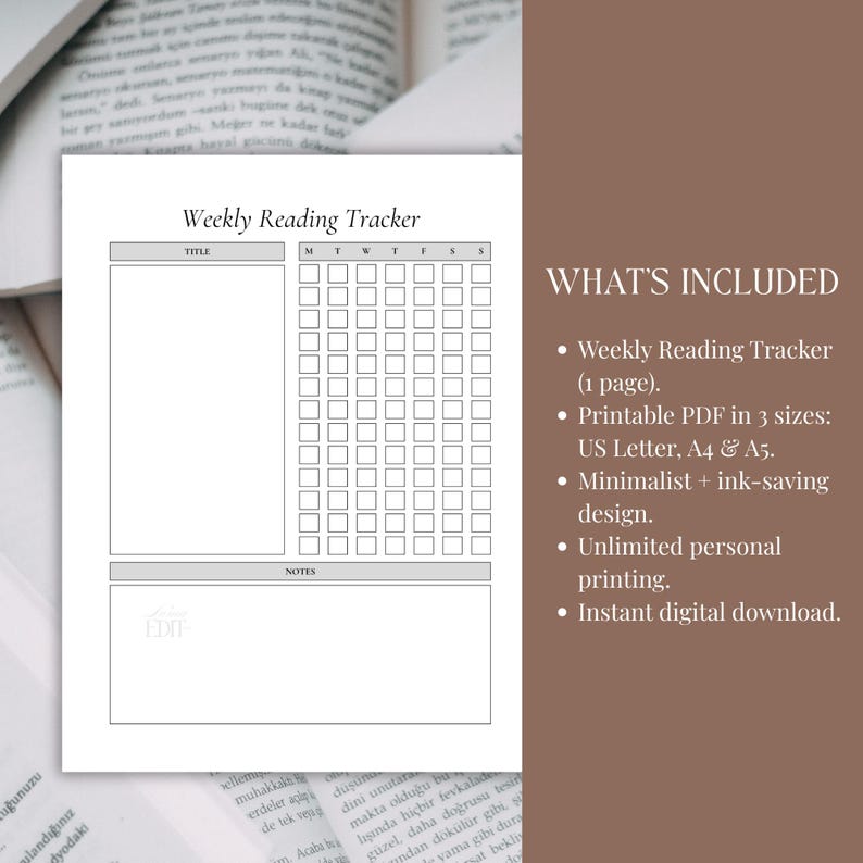 Minimalist Weekly Reading Tracker, Book Log (US Letter, A4, A5 Digital ...