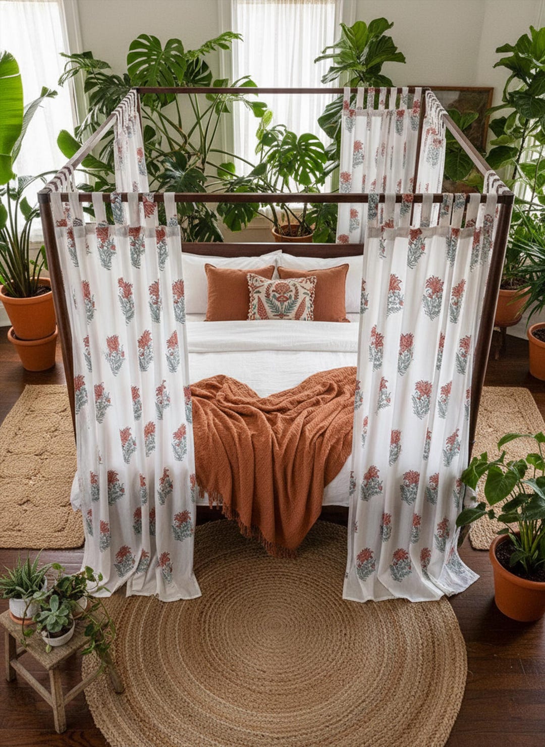 Hand Block Printed Cotton Bed Canopy Curtains Boho Floral Four Poster ...