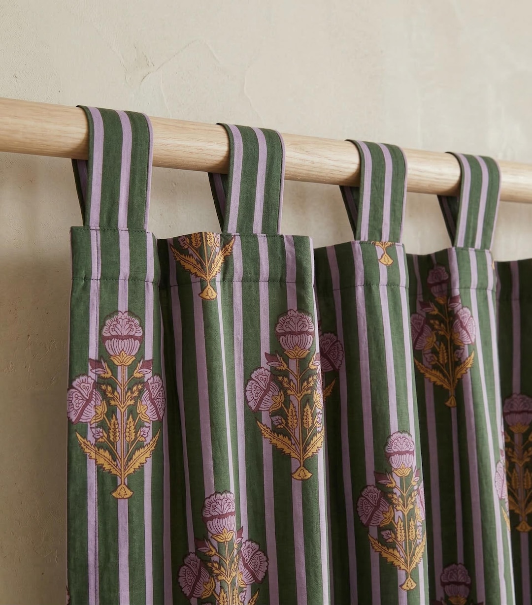 Hand Block Printed Cotton Curtains, 4 Color Options, Striped Floral ...