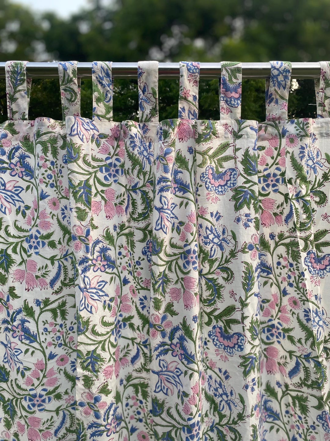 Hand Block Print Cotton Curtains, Boho Floral Window Drapes, Light ...
