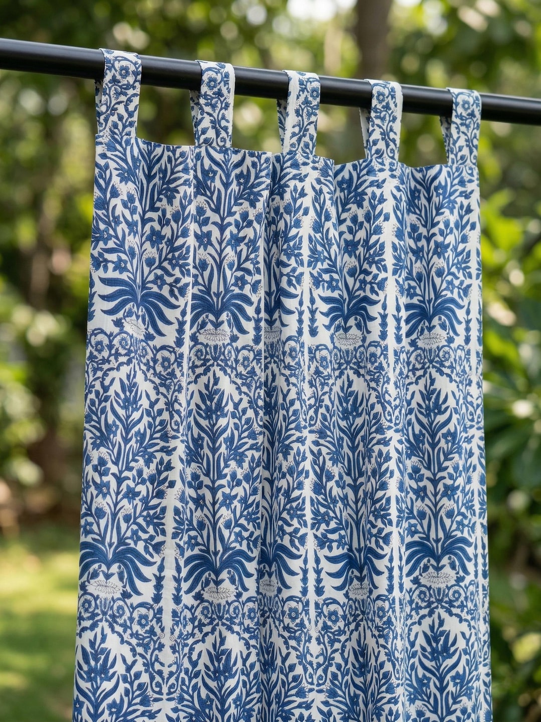 Blue Hand Block Print Cotton Curtains | Floral Farmhouse Light ...