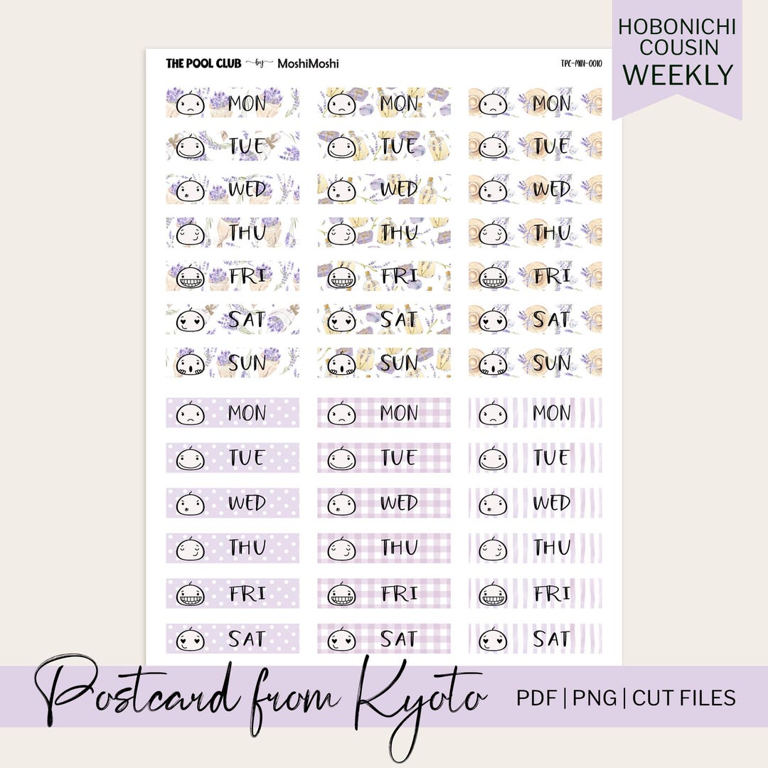 Days of the Week Headers Printable, Hobonichi Cousin Add-ons, Lavender ...