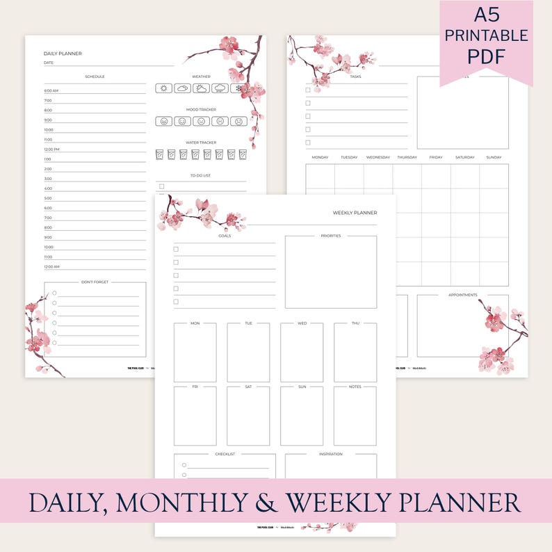 A5 Planner Inserts Bundle, Printable Cherry Blossom Minimal, PDF ...