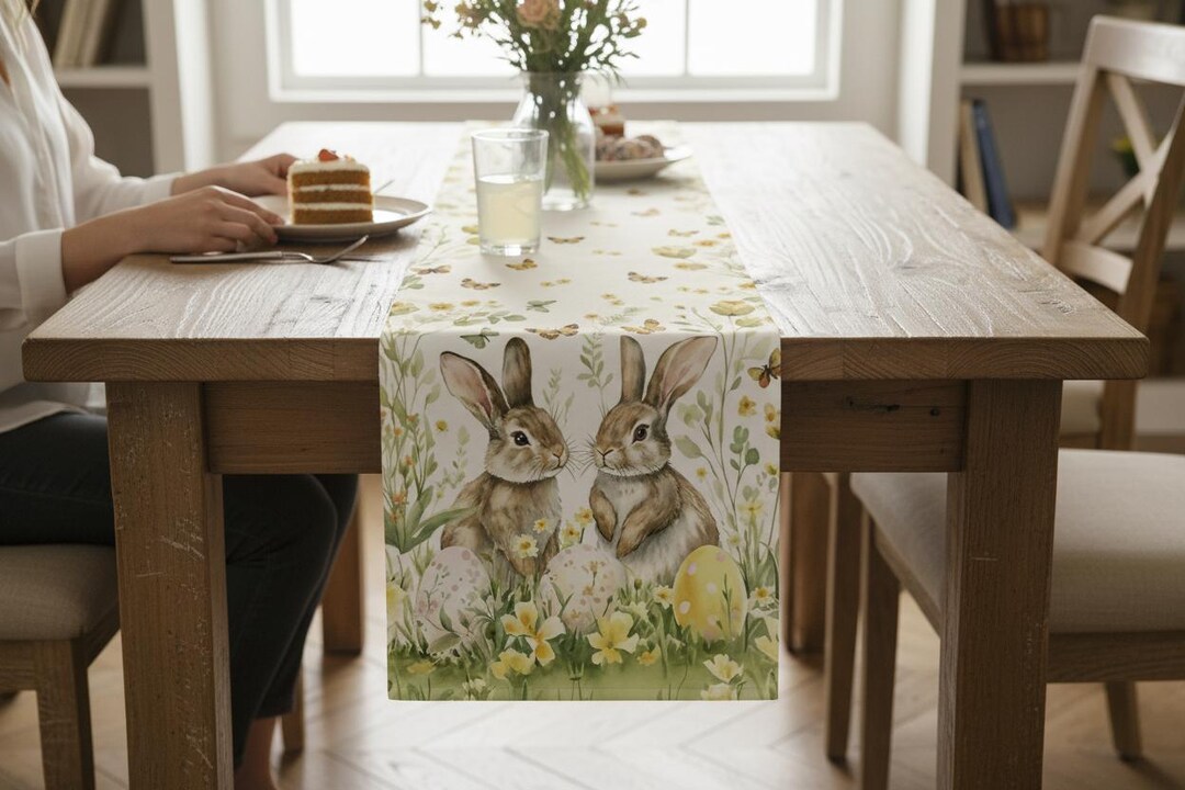 Floral Easter Bunny Linen Table Runner, Spring Holiday Decor - Etsy