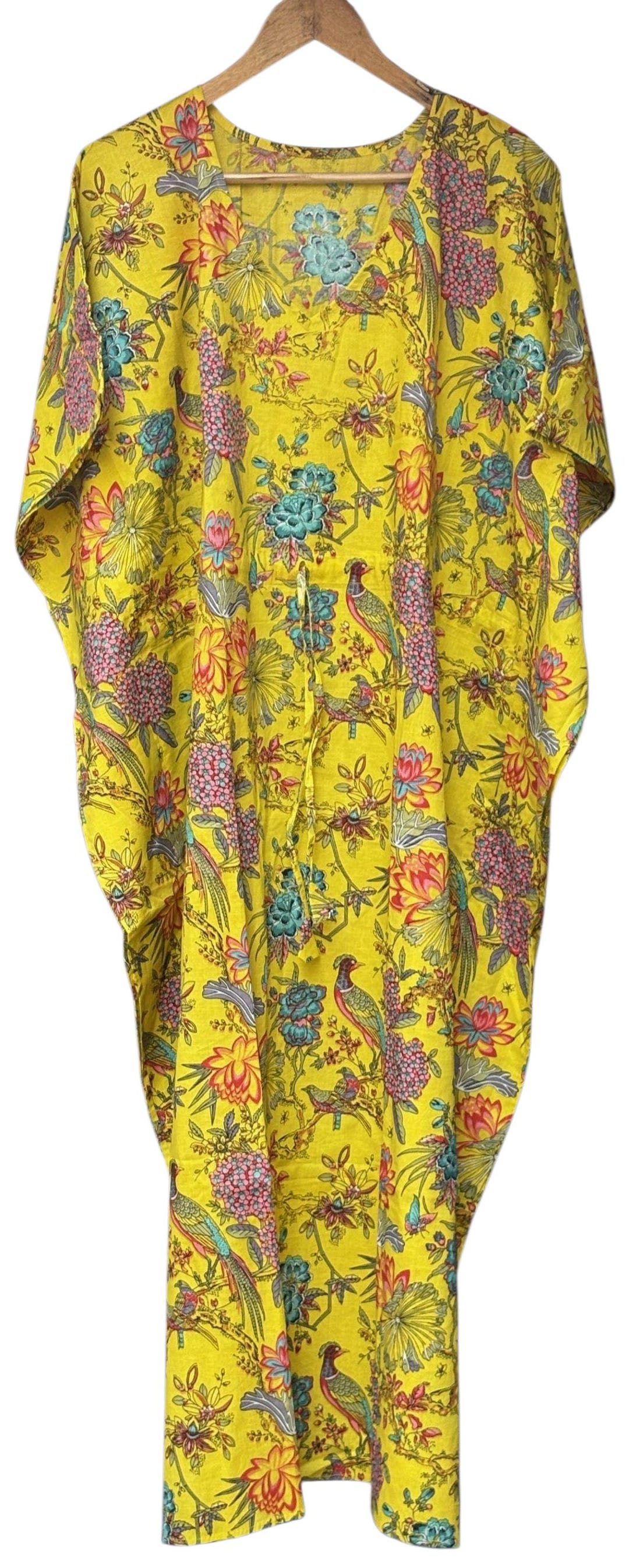 Buy Floral Cotton Kaftan Dress – Yellow Hand Block Print, Beach Cover ...