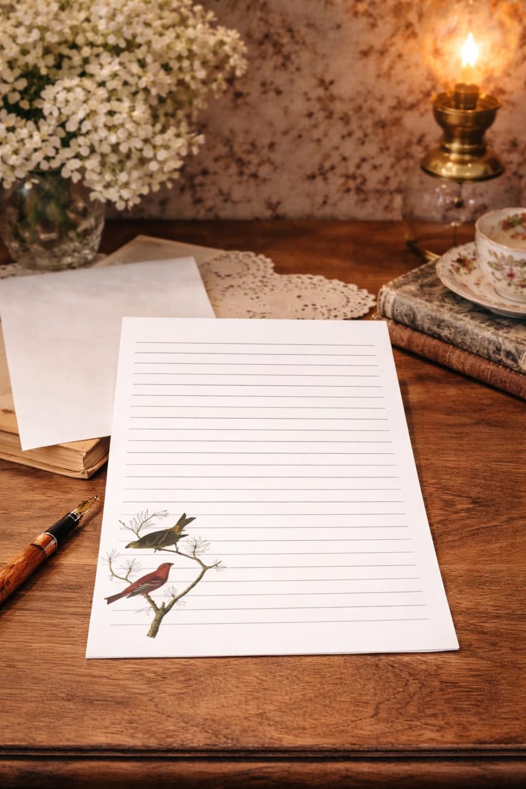 Vintage Lined Stationery | Drawn Bird Writing Paper | Printable ...