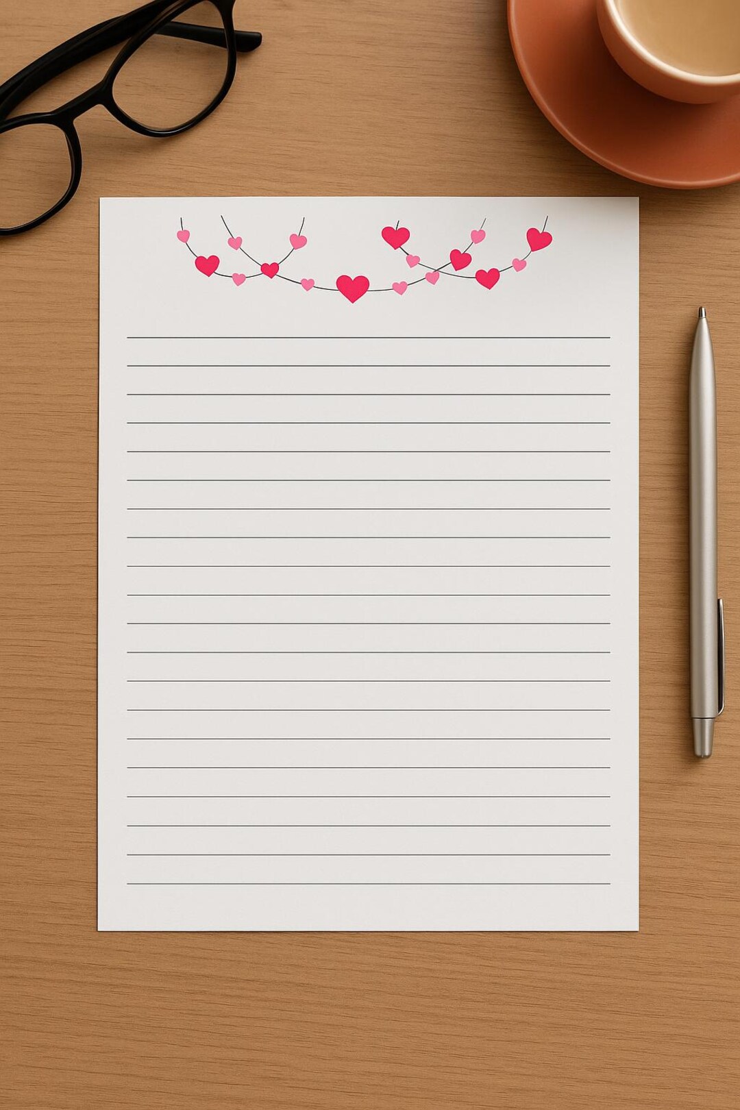 Heart Garland Lined Writing Paper Printable | Romantic Stationery PDF ...