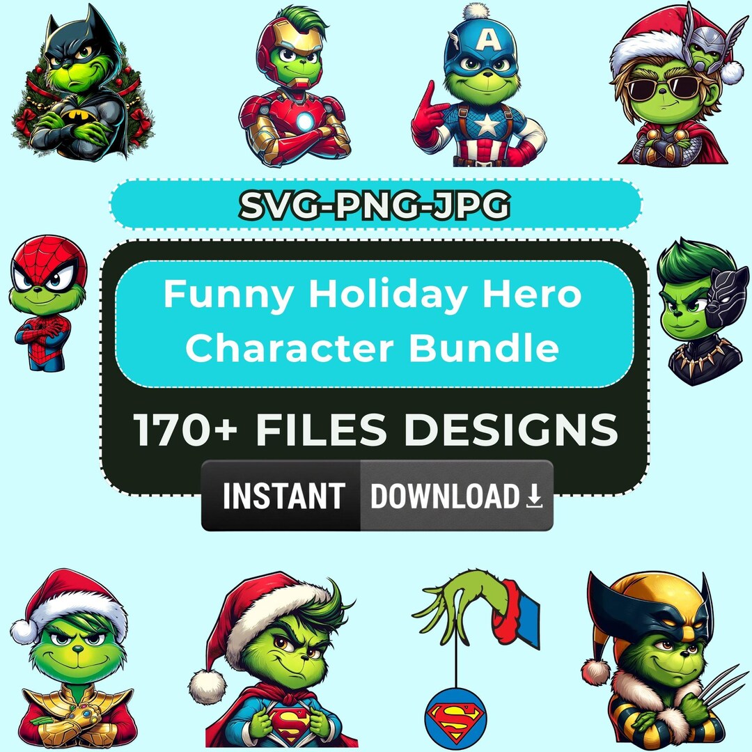 Funny Holiday Hero Character Bundle SVG PNG | 170+ Festive Comic ...