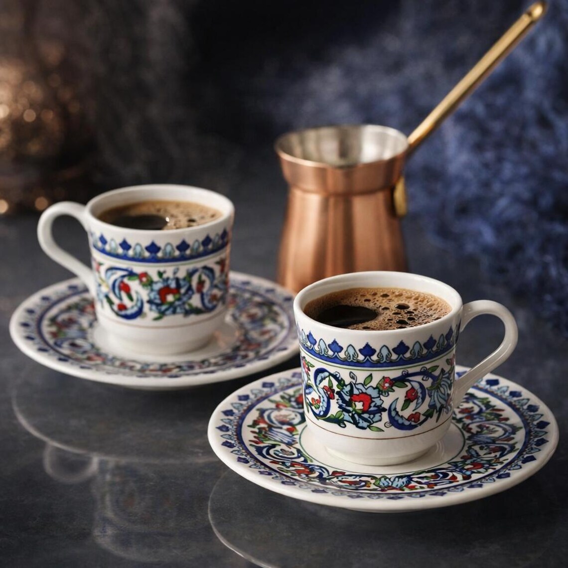 Turkish Coffee Set With Copper Cezve, Traditional Ottoman Pattern ...