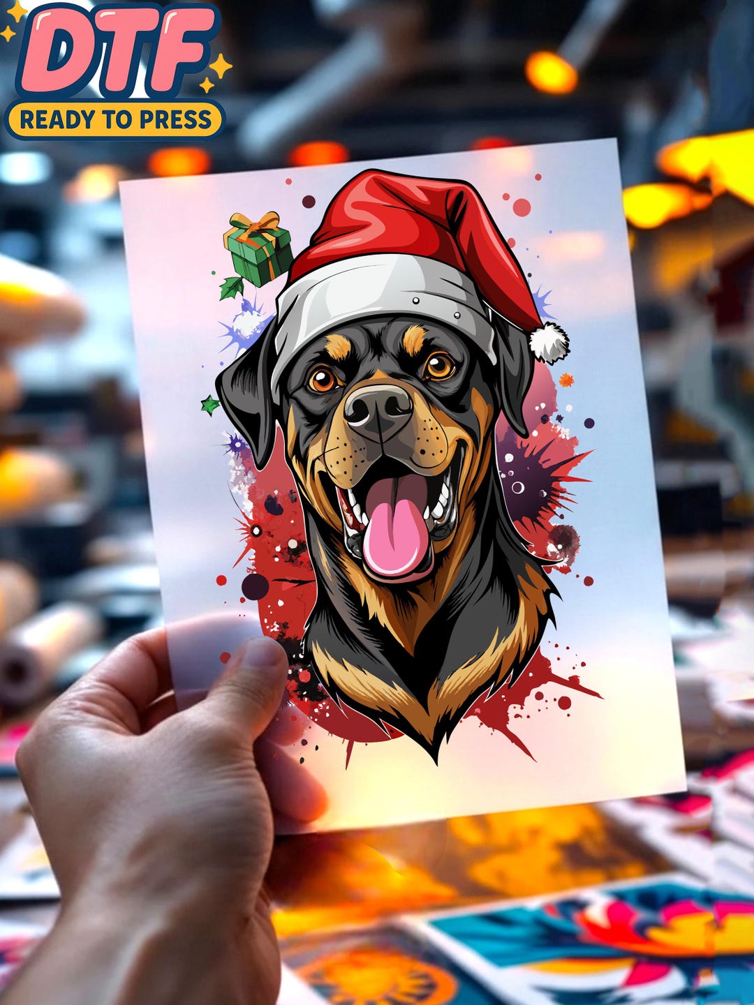 Rottweiler Christmas DTF Transfer | Santa Hat Rottie, Holiday Pet Art ...