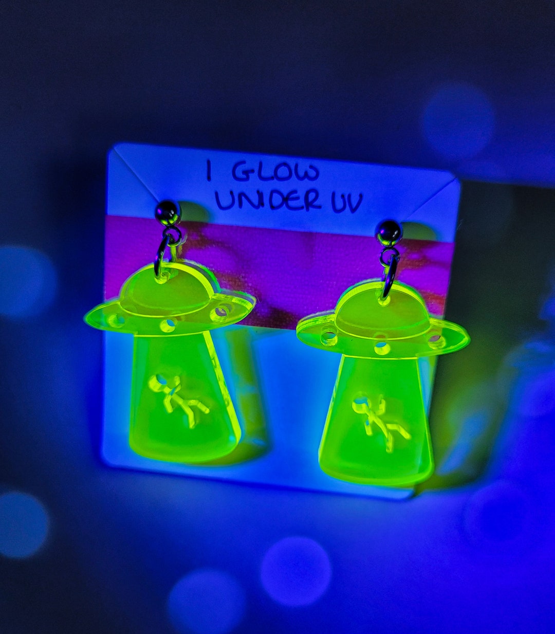 Neon Alien Abduction Spaceship UFO Earrings, UV Reactive, Gifts for Sci ...