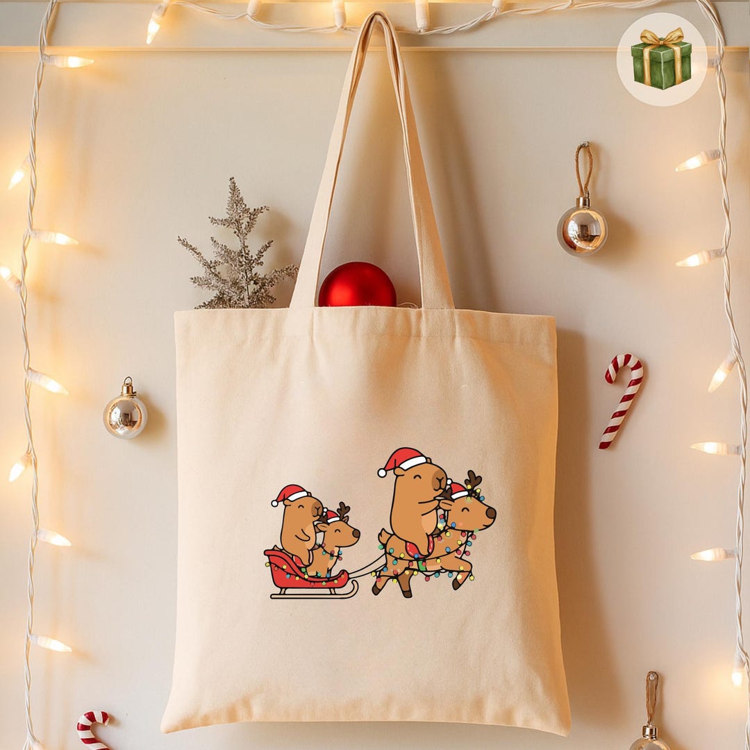 Capybara Christmas Tote Bag – Reindeer Sleigh, Holiday Canvas Shopper ...