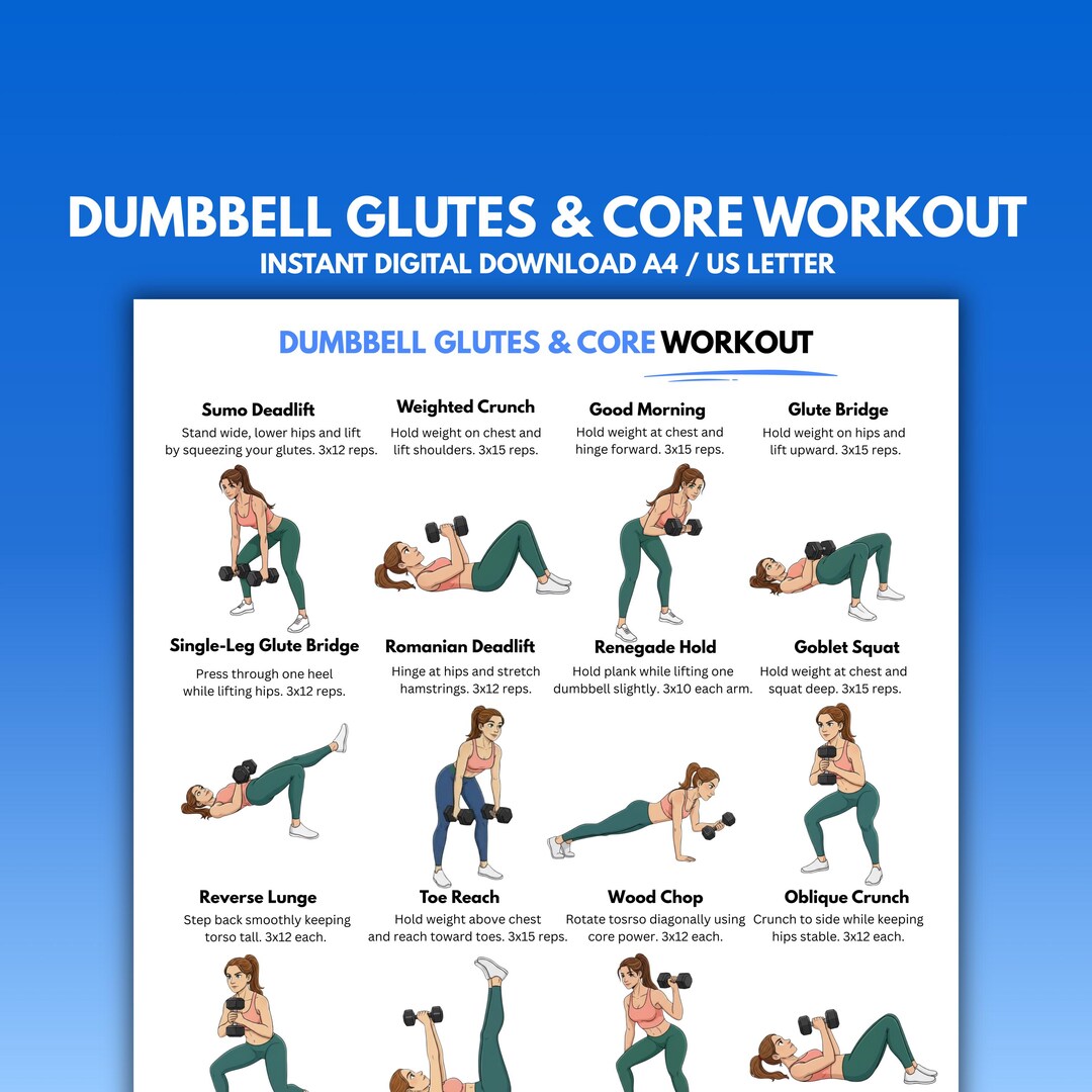 Dumbbell Glutes and Core Workout Poster, Glute Exercise Chart, Core ...