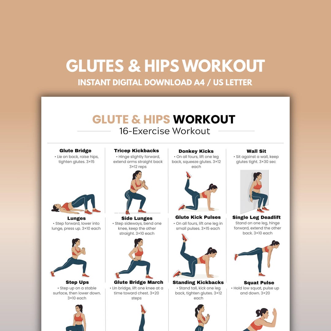 Glute and Hips Workout Chart – Printable Lower Body Exercise Poster ...