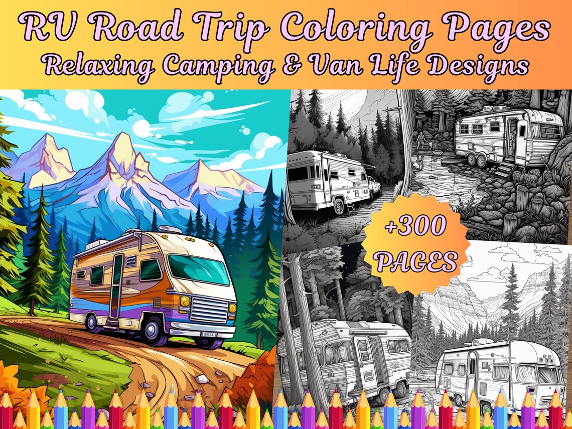 RV Road Trip Coloring Pages – 300 Printable Pages for Relaxing Camping ...