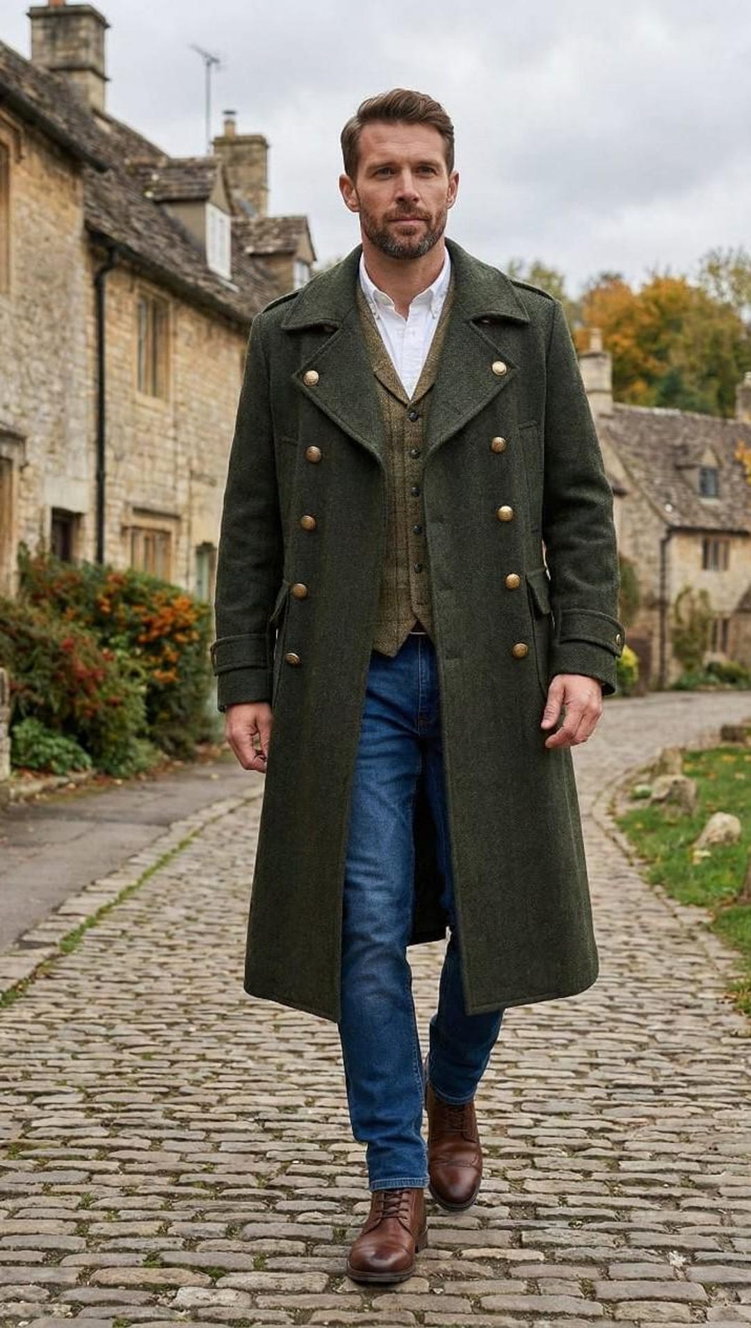 Men's Green Military Greatcoat Wool Overcoat Double Breasted Vintage ...