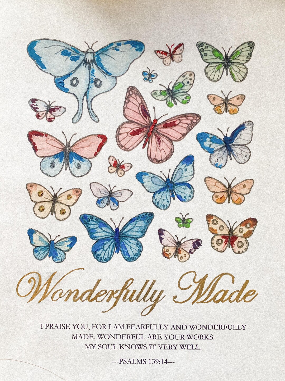 Butterfly Scripture Art Print | Psalm 139:14, Gold Accents - Etsy