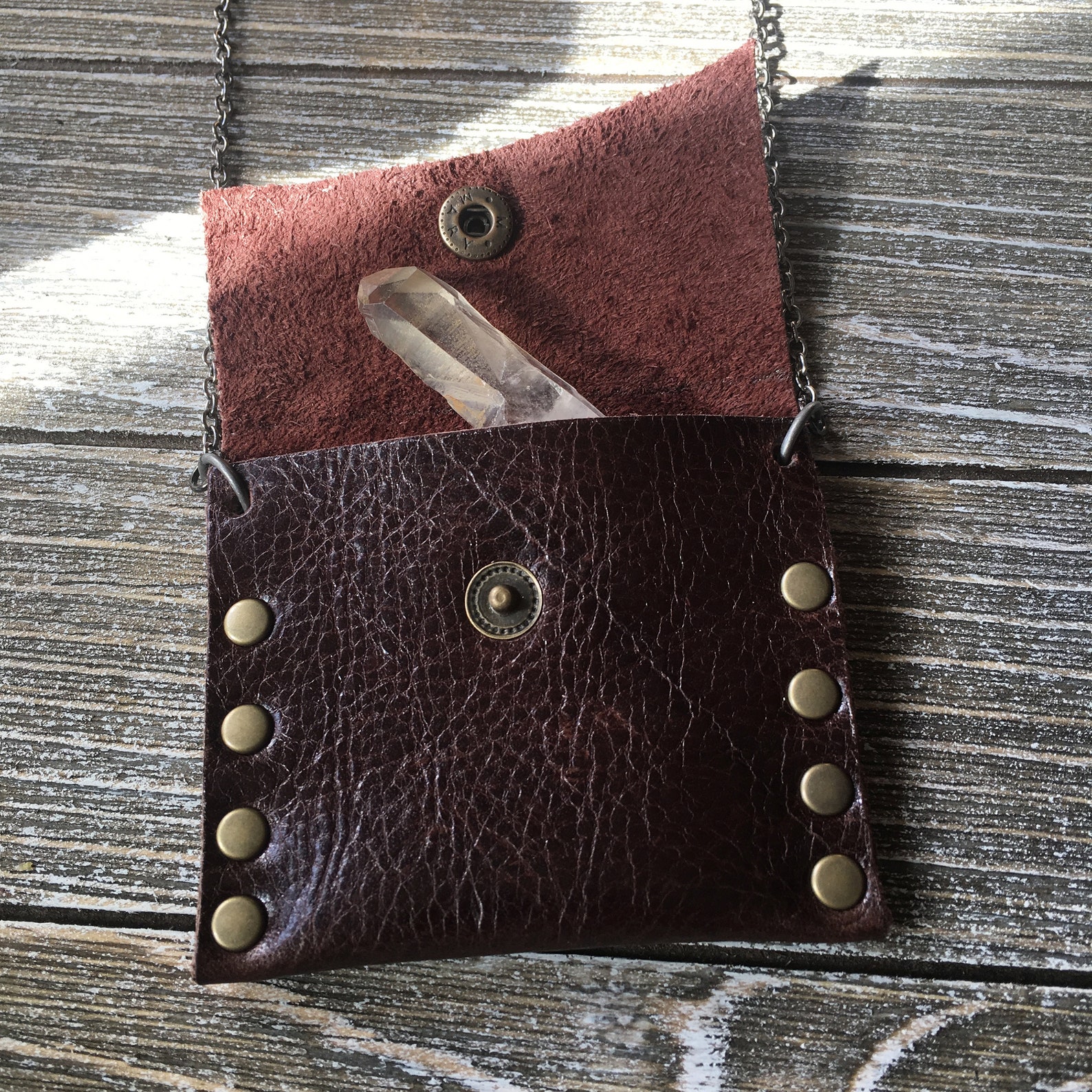 Healing Crystals Pouch Necklace in Dark Brown Leather, Shaman Spirit ...
