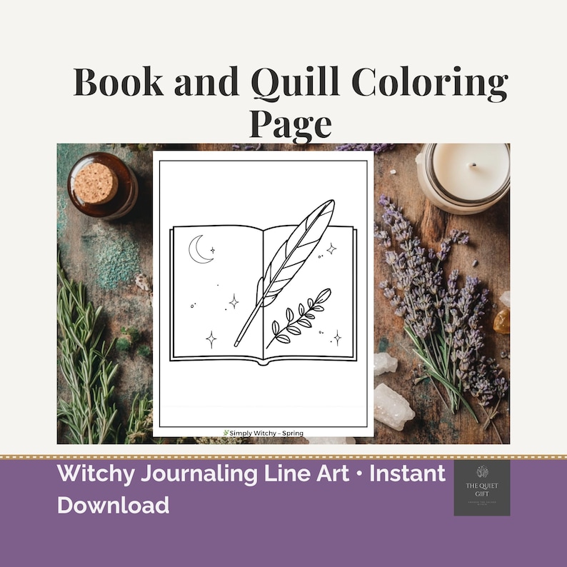 Book and Quill Coloring Page | Witchy Journaling Printable, Cottagecore ...
