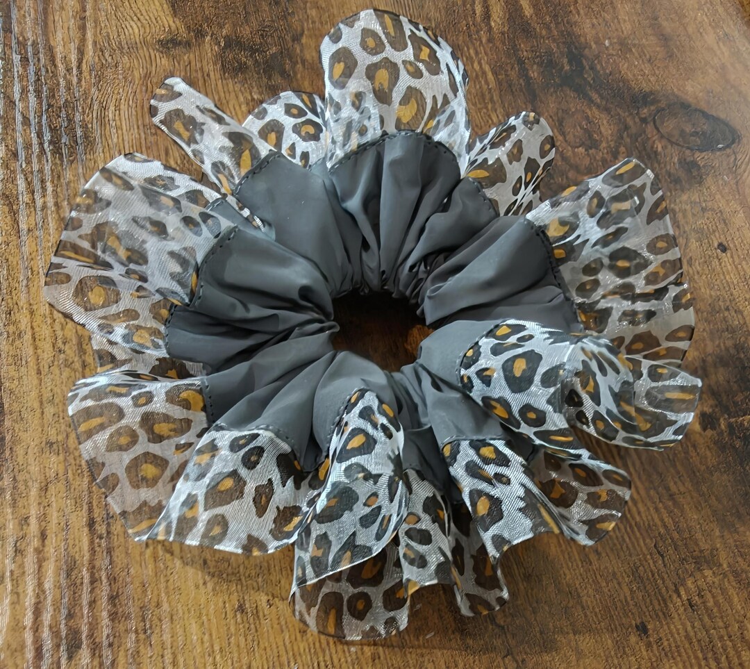 Grey Hi-vis Scrunchie With Sheer Leopard Print Edge | Handmade ...