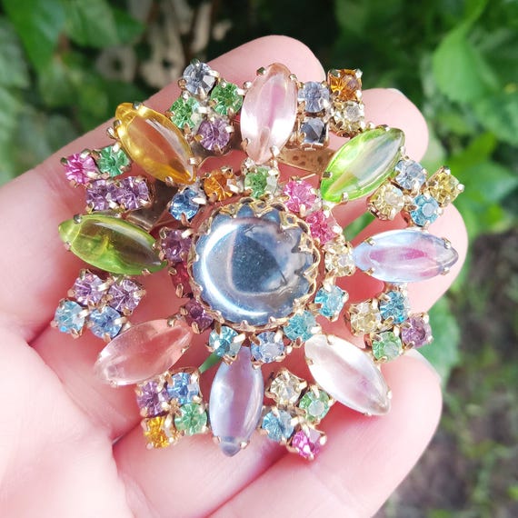 Pastel Rhinestone Multi Color Brooch - Gem
