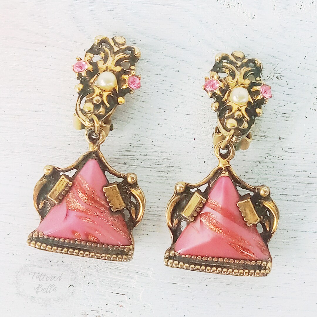 Selro Selini Pink and Gold Swirl Art Glass Clip on Dangle Earrings - Etsy