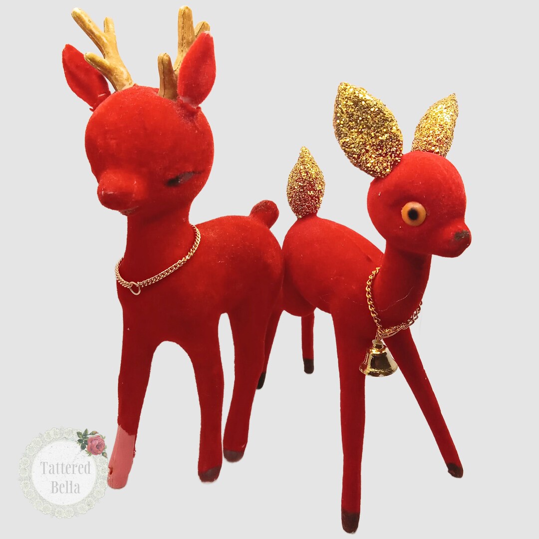 2 Flocked Red Mid Century Deer , Vintage Deer, Made in Japan, Kitschy ...