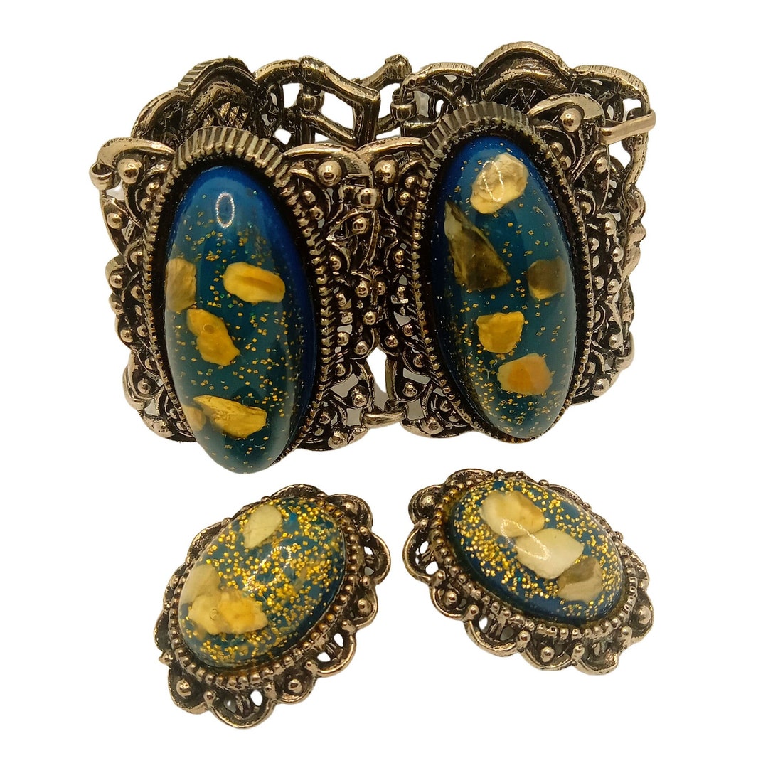 Vintage Chunky Selro Selini Teal Blue Confetti Lucite Panel Bracelet ...