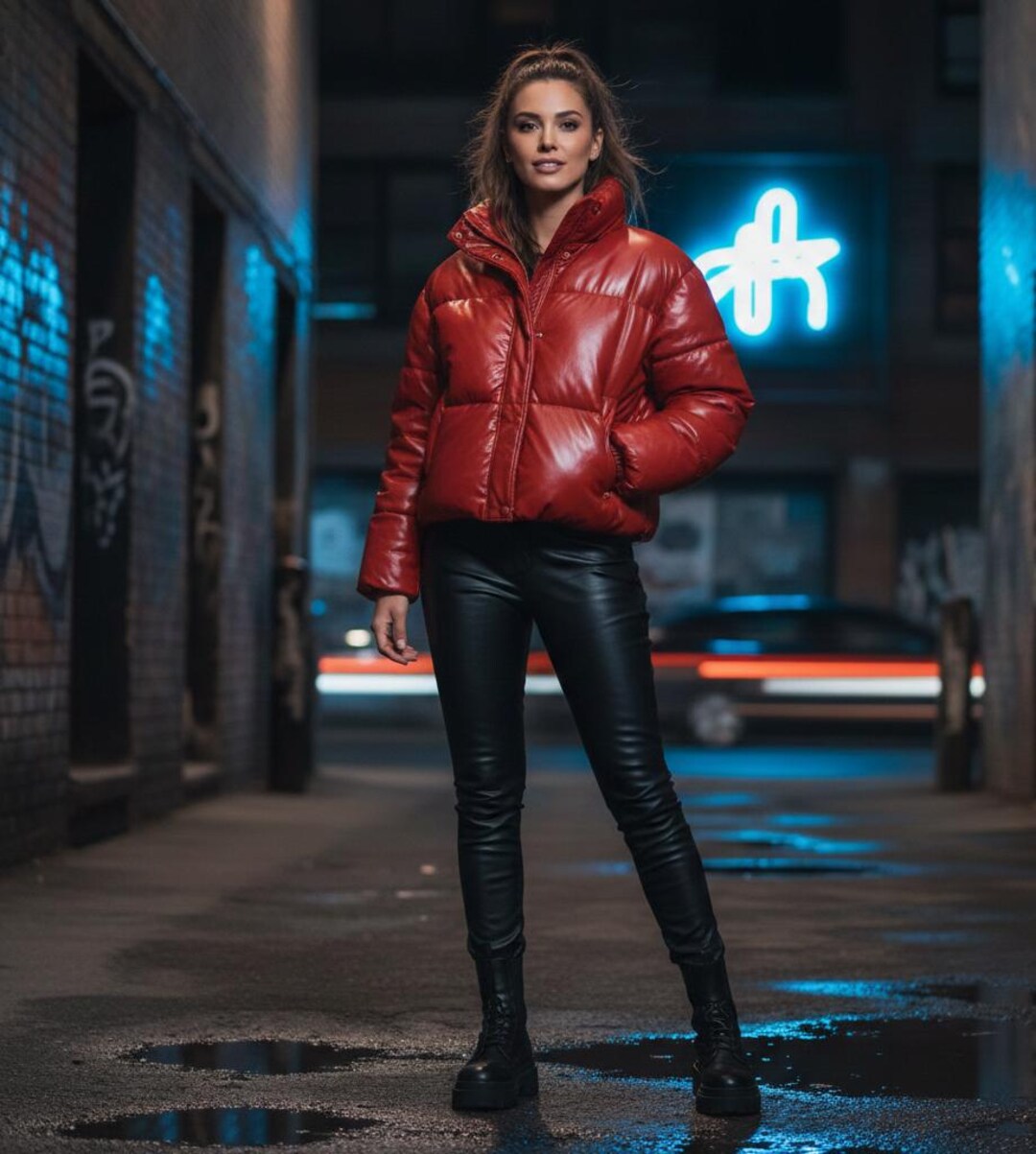 Women’s Red Faux Leather Puffer Jacket - Cropped Red Bubble Coat - Etsy