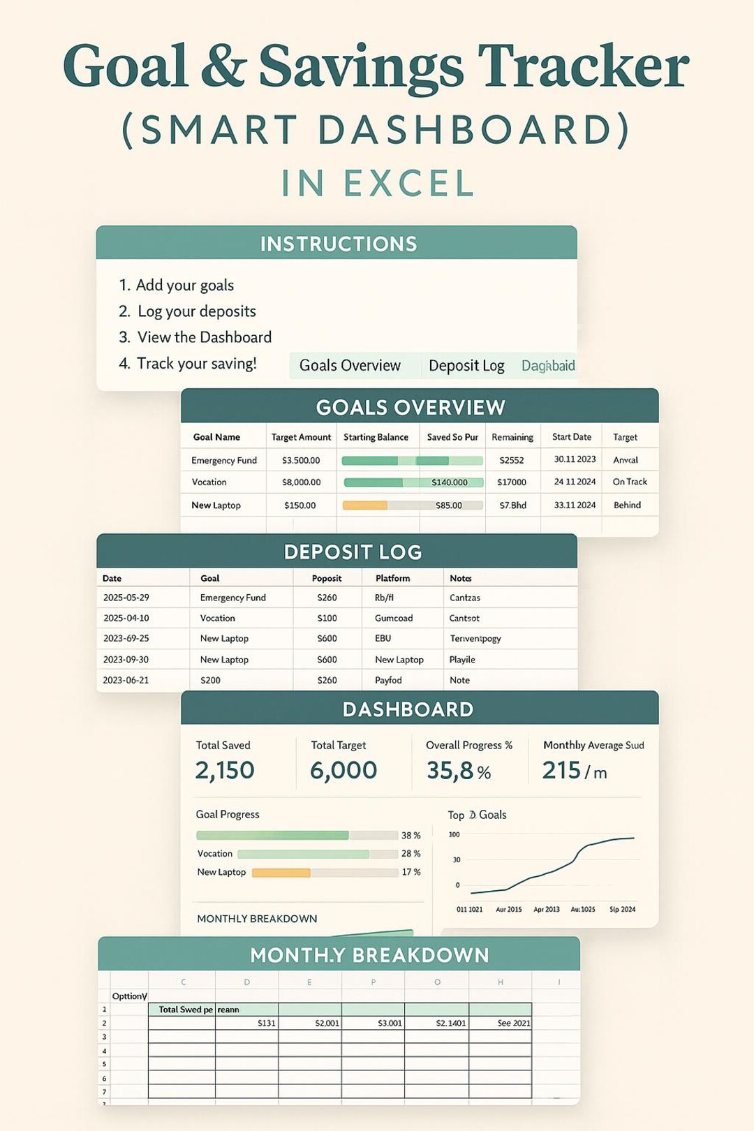 Smart Goal & Savings Tracker Excel Template; Budget Planner Dashboard ...
