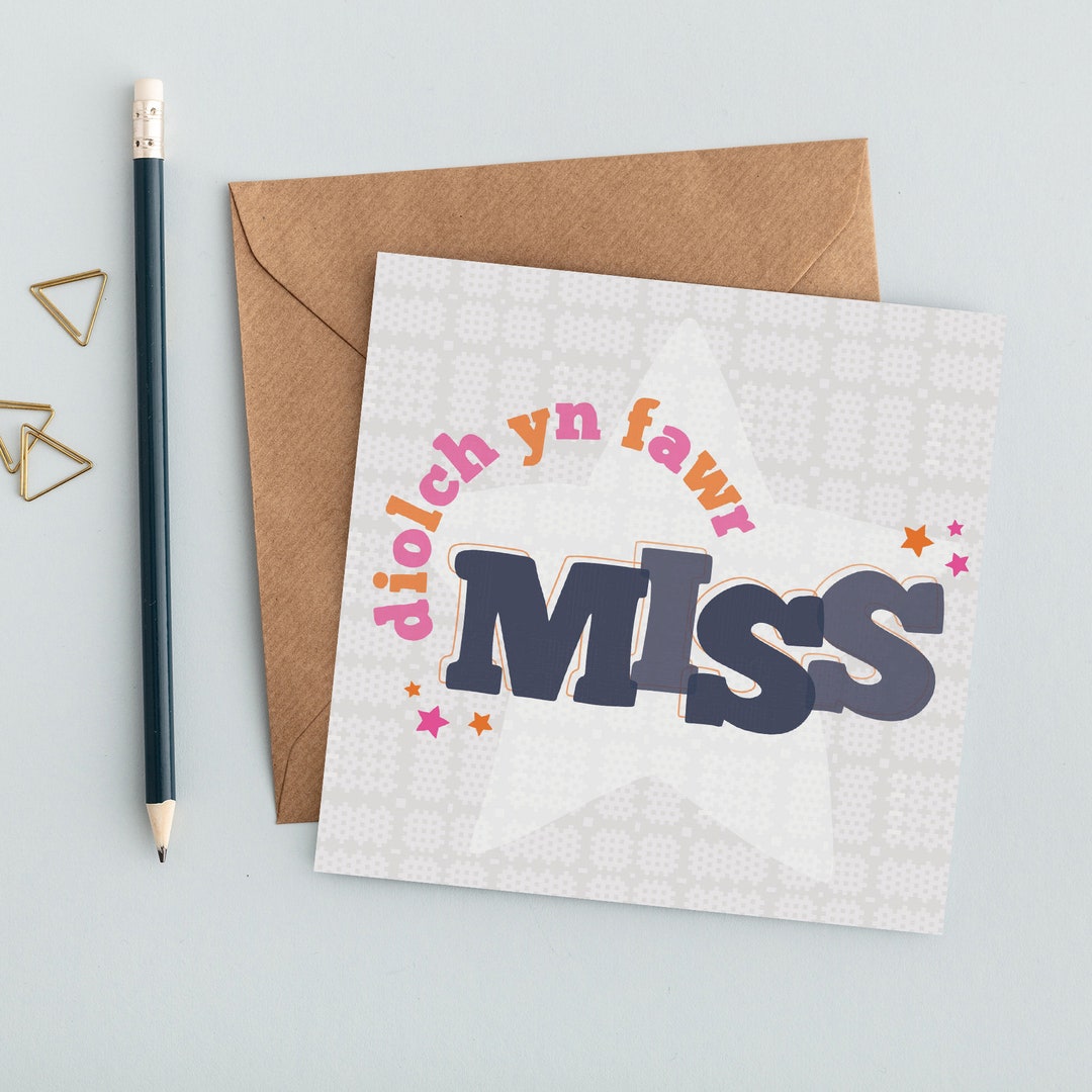 Welsh Thank You Teacher Card 'diolch Yn Fawr Miss' Cerdyn Diolch ...