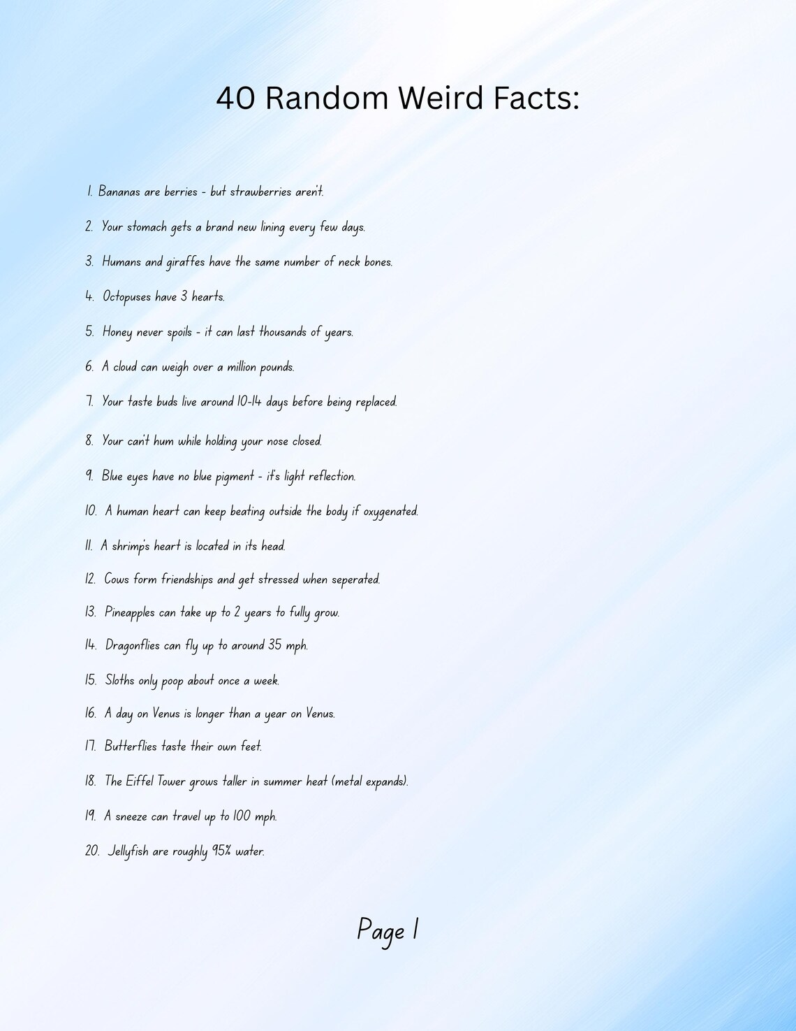 40 Weird Random Facts / 2-page Printable Fun Facts Educational PDF ...