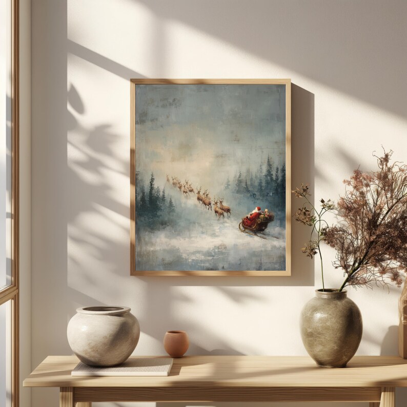 Vintage Santa and Reindeer Art Print: Rustic Christmas Decor (physical ...