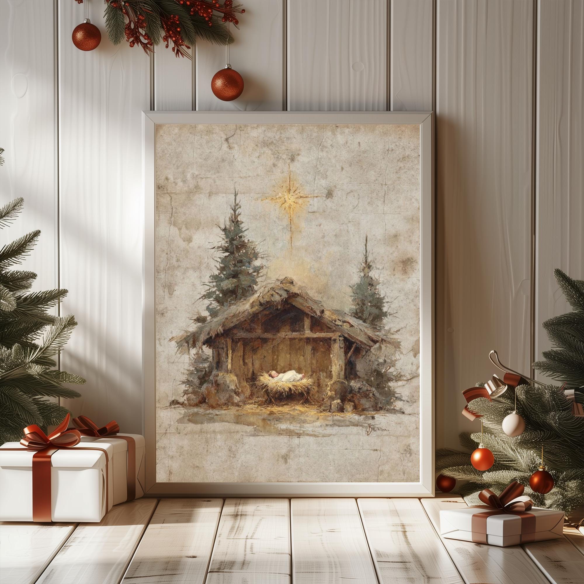 Vintage Christmas Baby Jesus Nativity Art Print: Rustic Holiday Decor ...