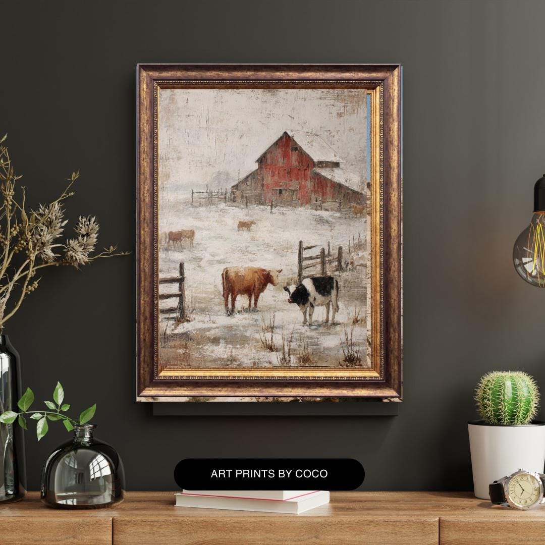 Vintage Farmhouse Cow Print: Rustic Red Barn Landscape (physical Print ...