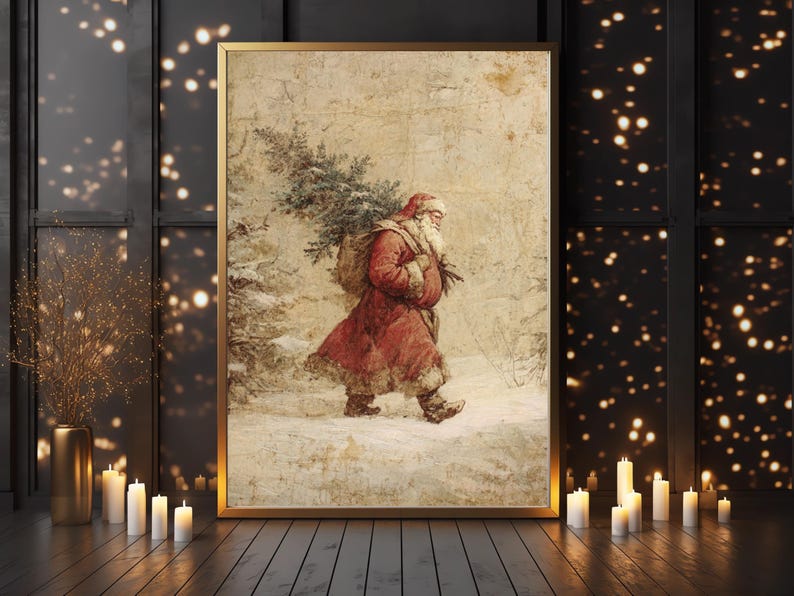 Vintage Santa Christmas Tree Art Print: Rustic Holiday Decor (physical ...
