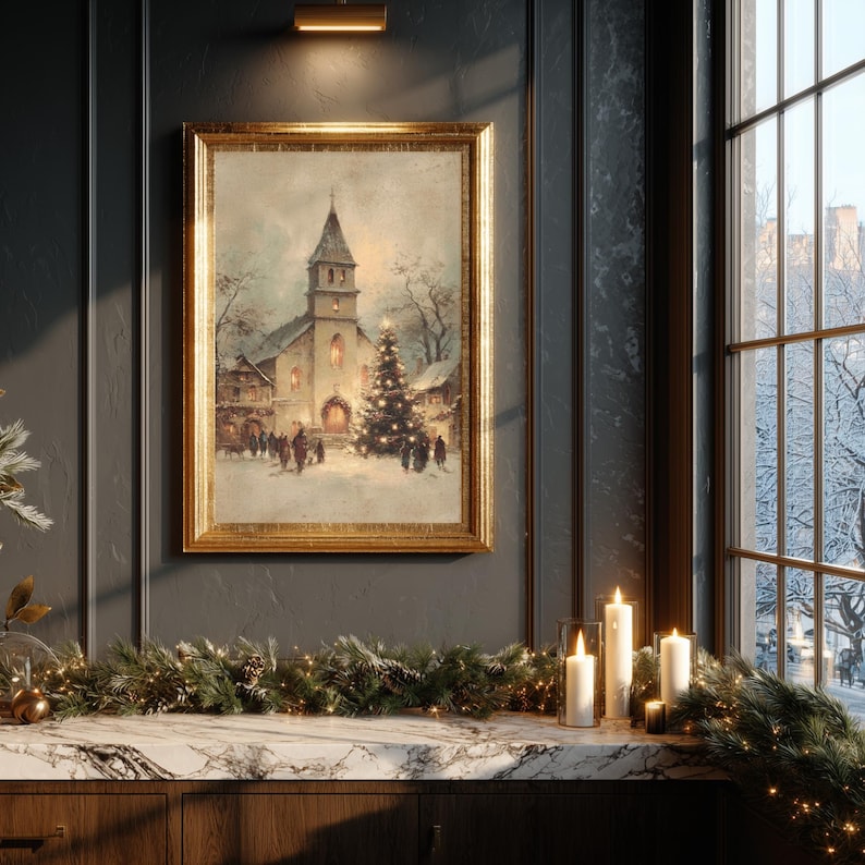 Vintage Christmas Church Art Print: Rustic Holiday Decor (physical ...