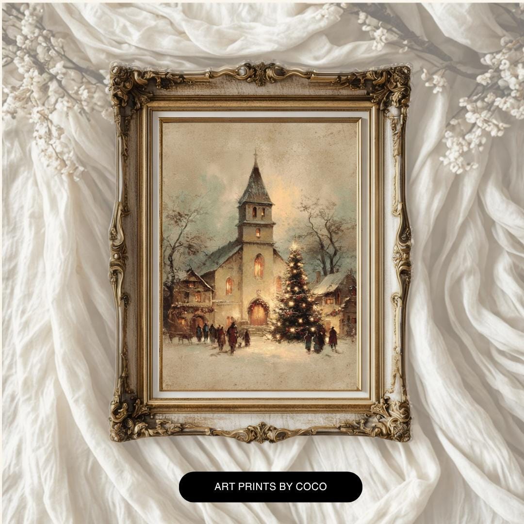 Vintage Christmas Church Art Print: Rustic Holiday Decor (physical ...