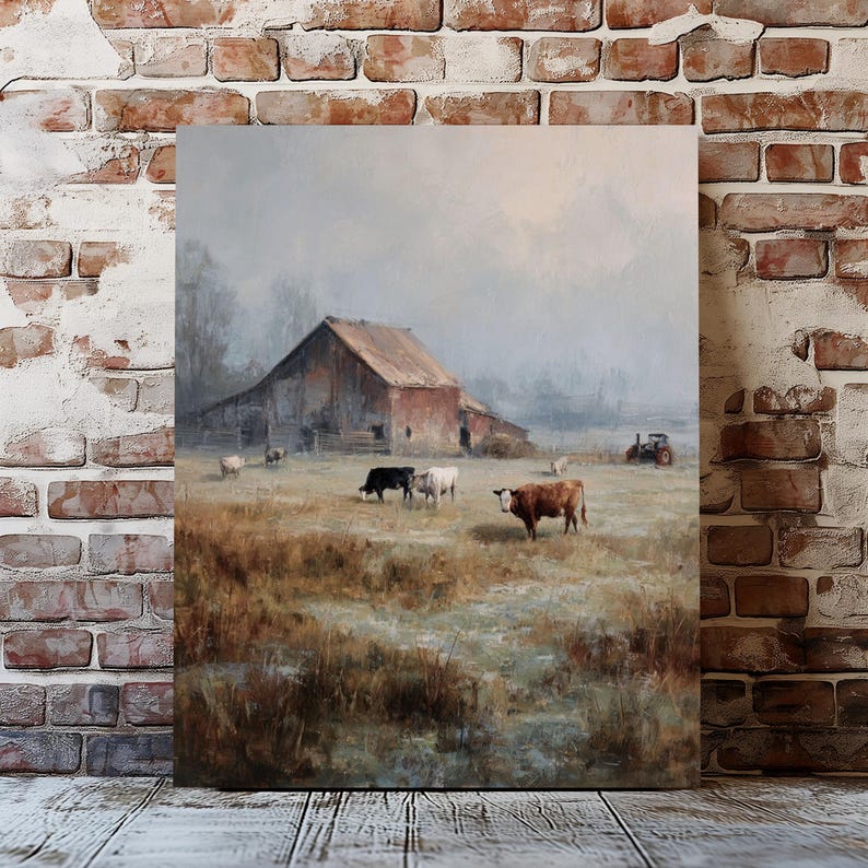 Vintage Farm Cow Landscape Art Print: Rustic Country Decor. (PHYSICAL ...