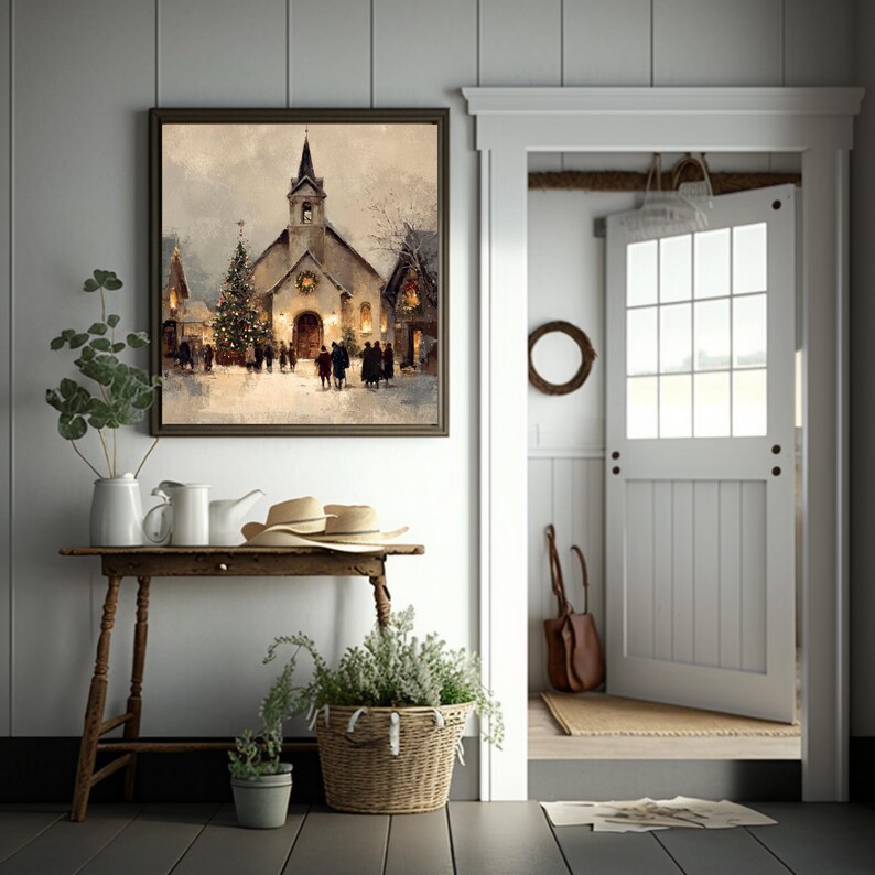 Vintage Christmas Church Art Print: Rustic Holiday Decor (physical ...