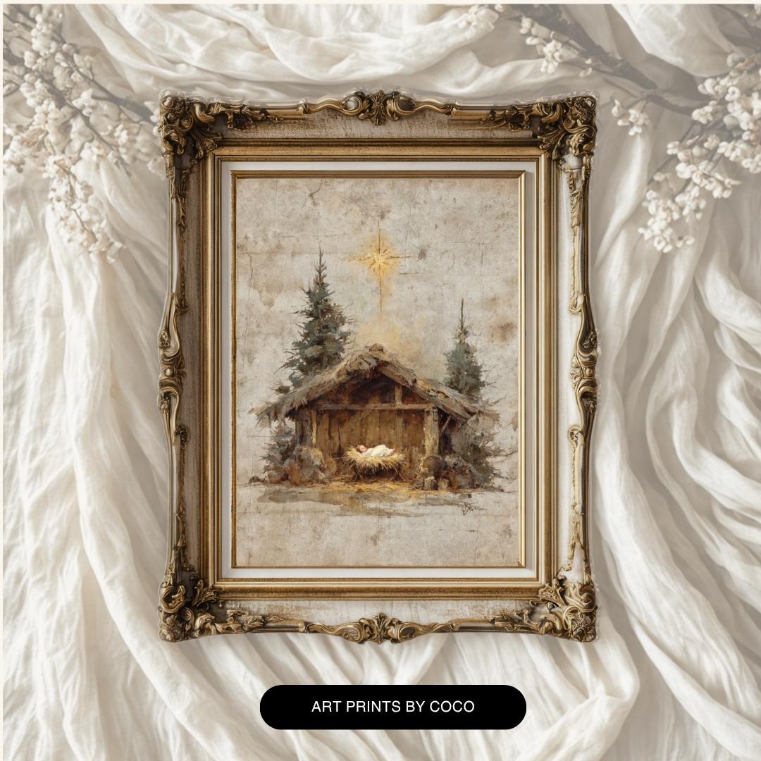 Vintage Christmas Baby Jesus Nativity Art Print: Rustic Holiday Decor ...